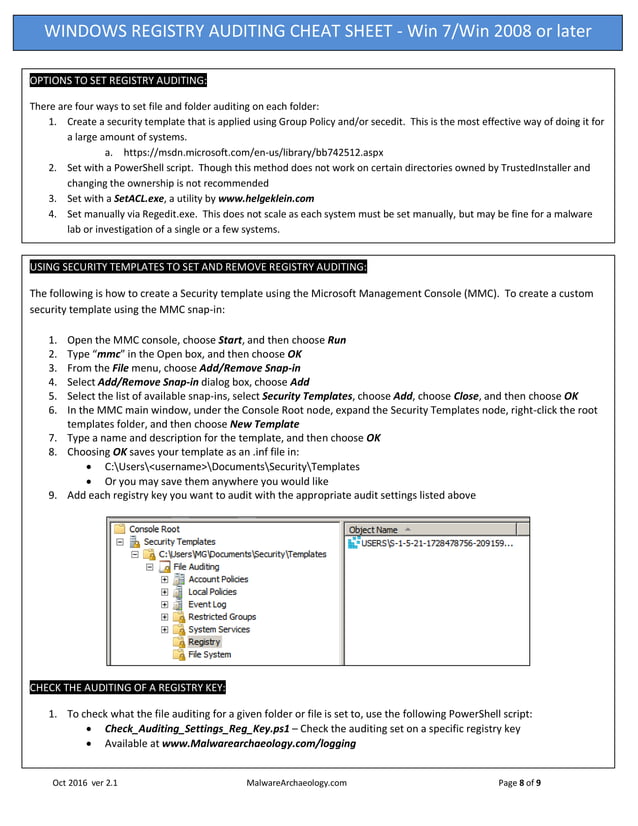 Windows Registry Auditing Cheat Sheet ver Oct 2016 - MalwareArchaeology | PDF