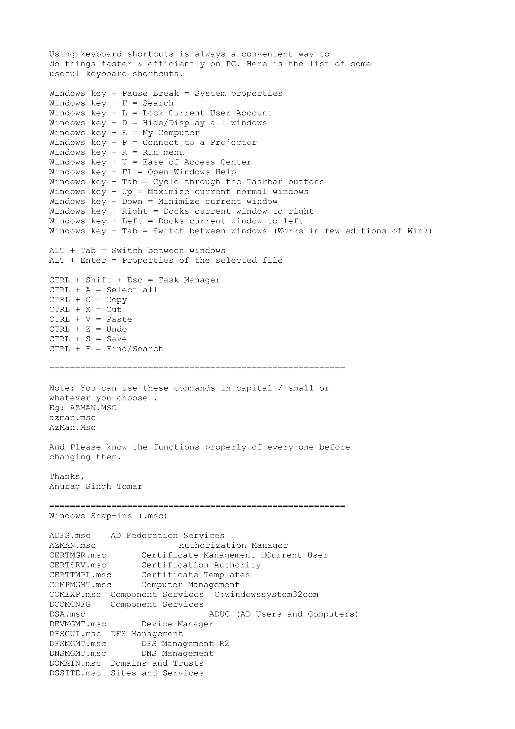 Windows Shortcut keys | TXT