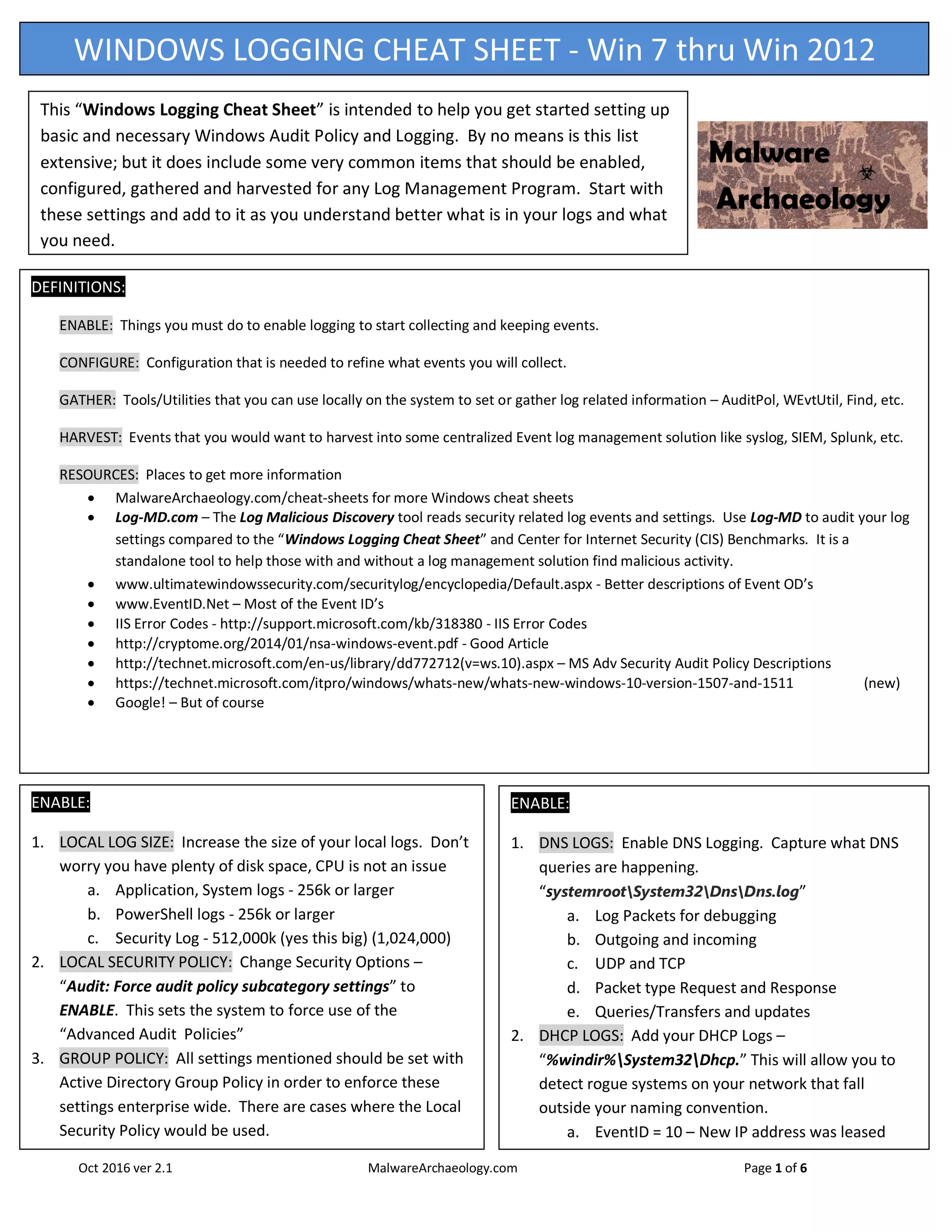 Windows splunk logging cheat sheet Oct 2016 - MalwareArchaeology.com | Operating Systems ...