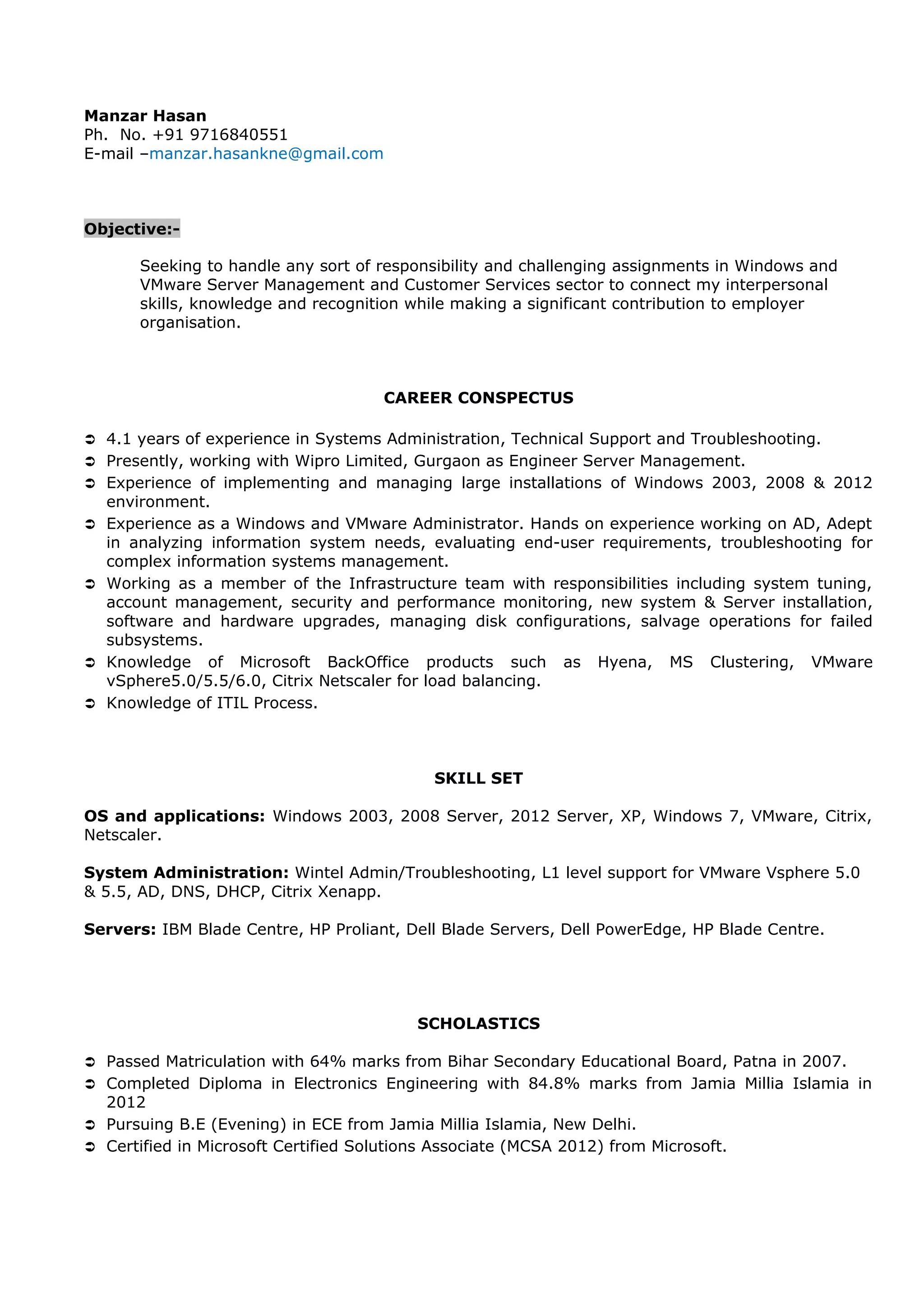 Resume_Windows Vmware Administrator Manzar | DOC