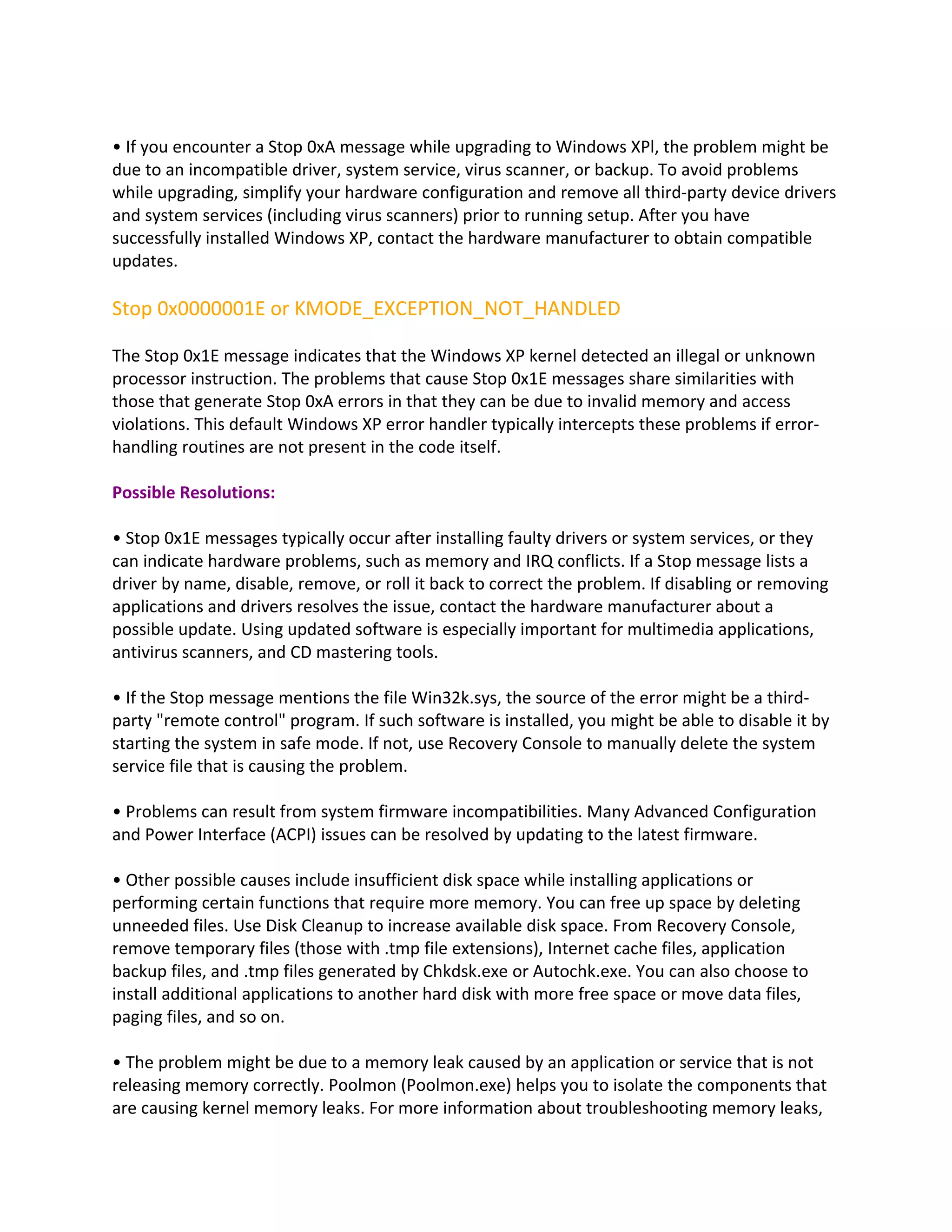 Windows xp blue screen of death stop codes | DOC