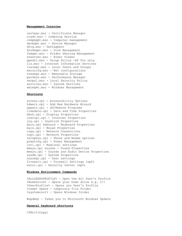 Windows xp run commands and shortcuts | PDF