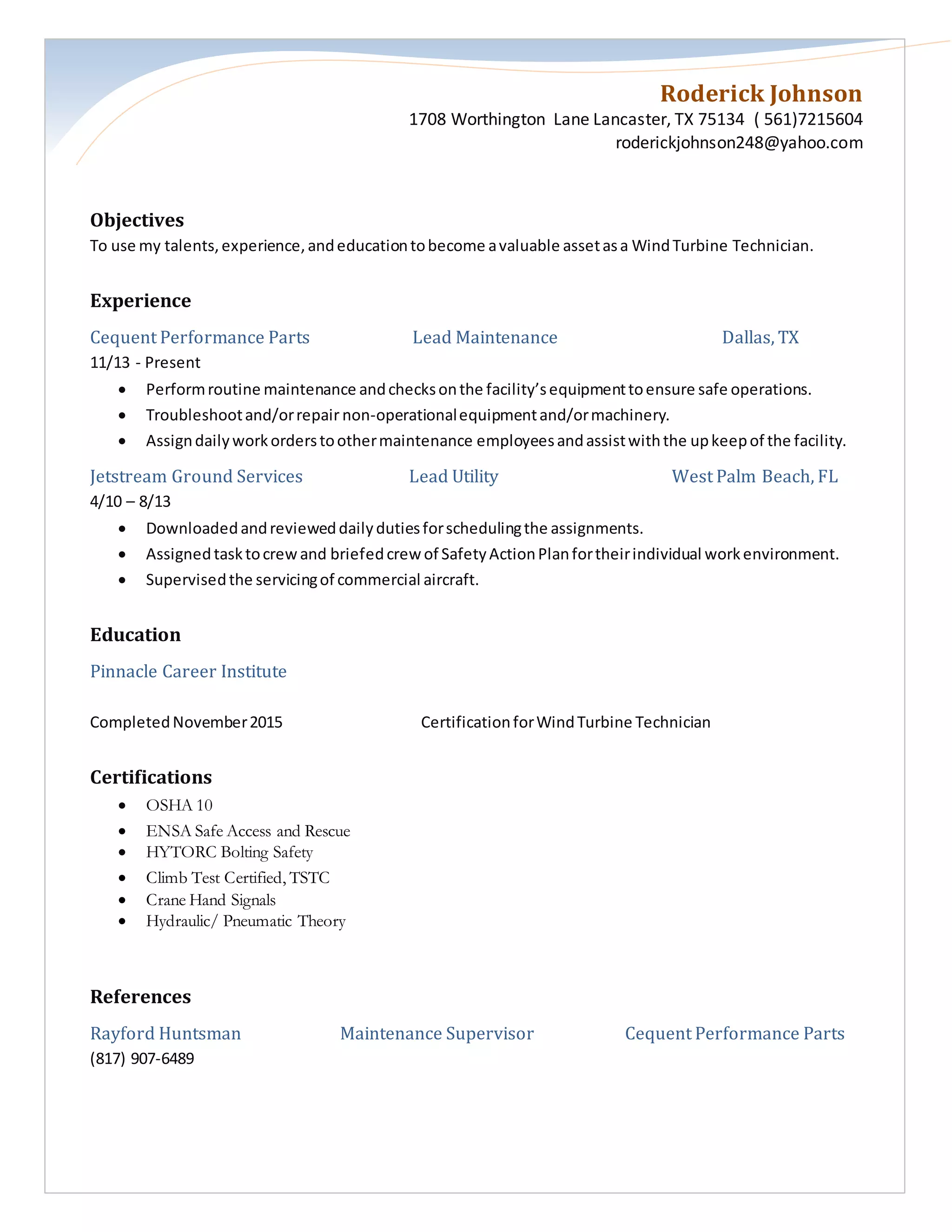 Wind tech resume 2016 | DOCX