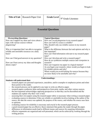 Wingate Ubd Research Unit | PDF