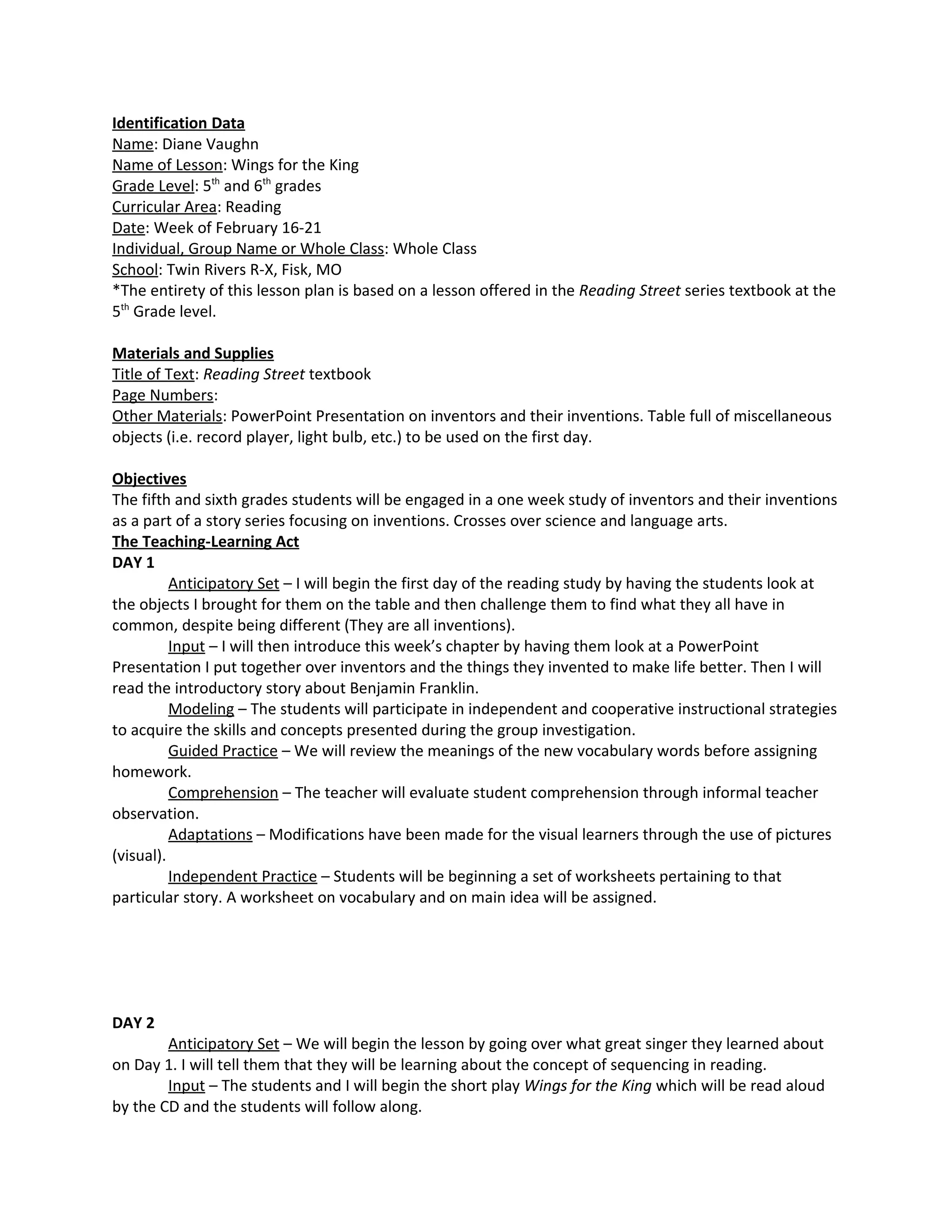 Wings For The King Lesson | DOC