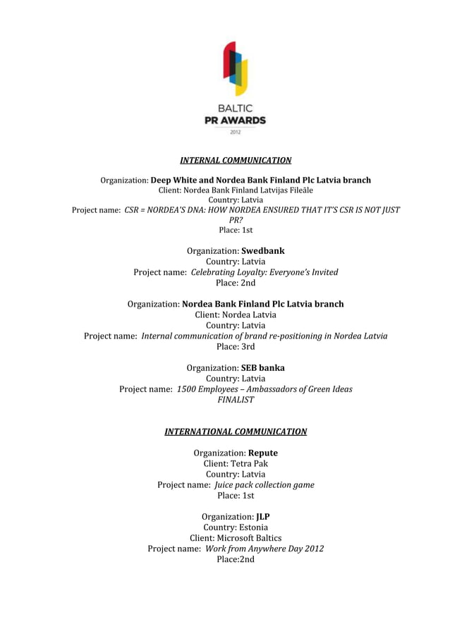 Winners and The Finalists of the Baltic PR Awards 2012 | PDF