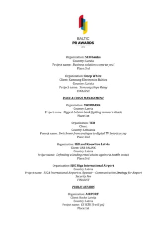 Winners and The Finalists of the Baltic PR Awards 2012 | PDF