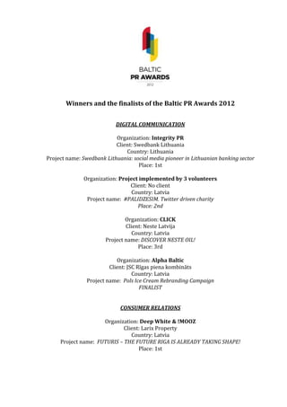 Winners and The Finalists of the Baltic PR Awards 2012 | PDF