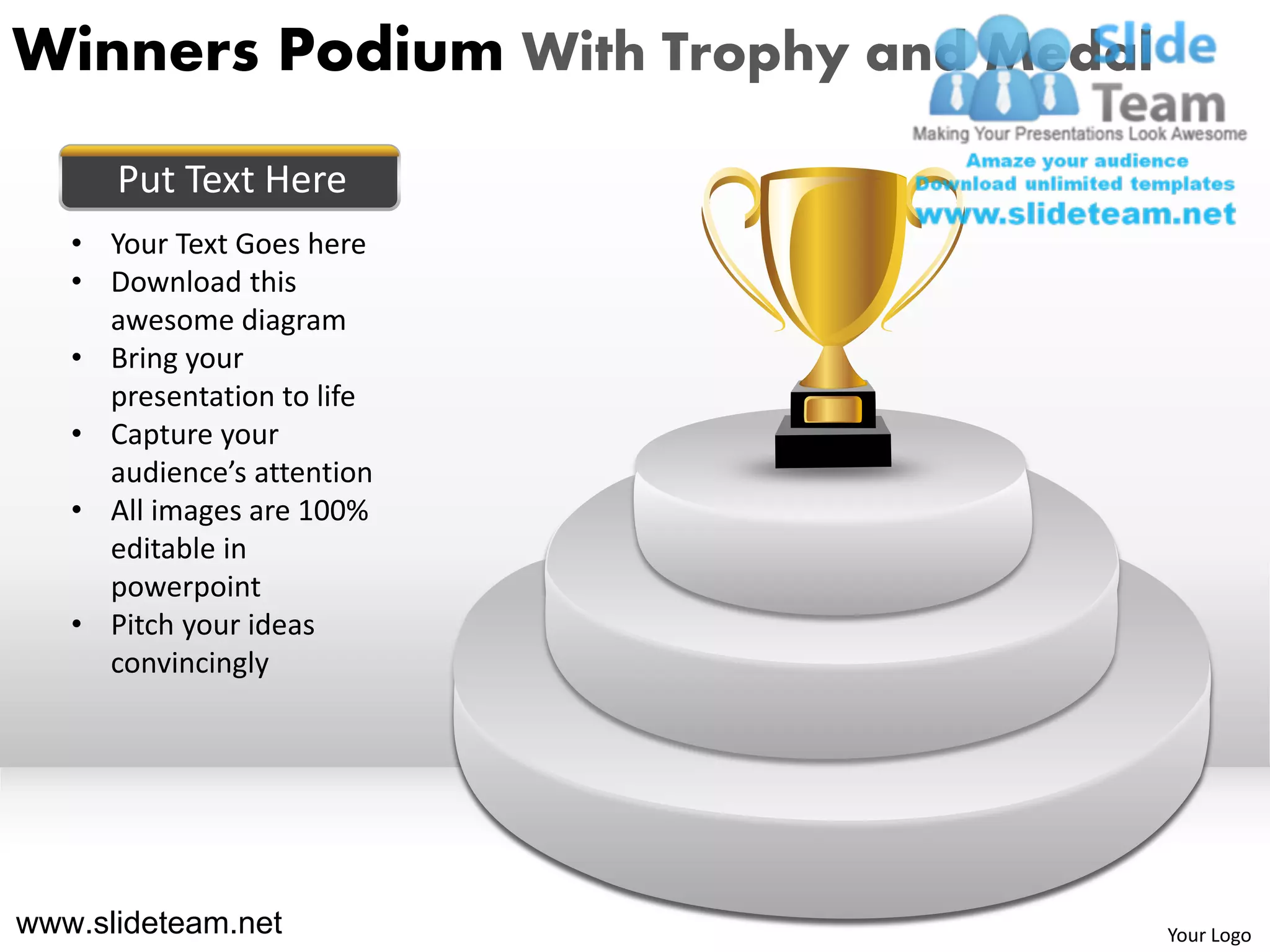 Winners podium with trophy and medal powerpoint ppt templates. | PPT