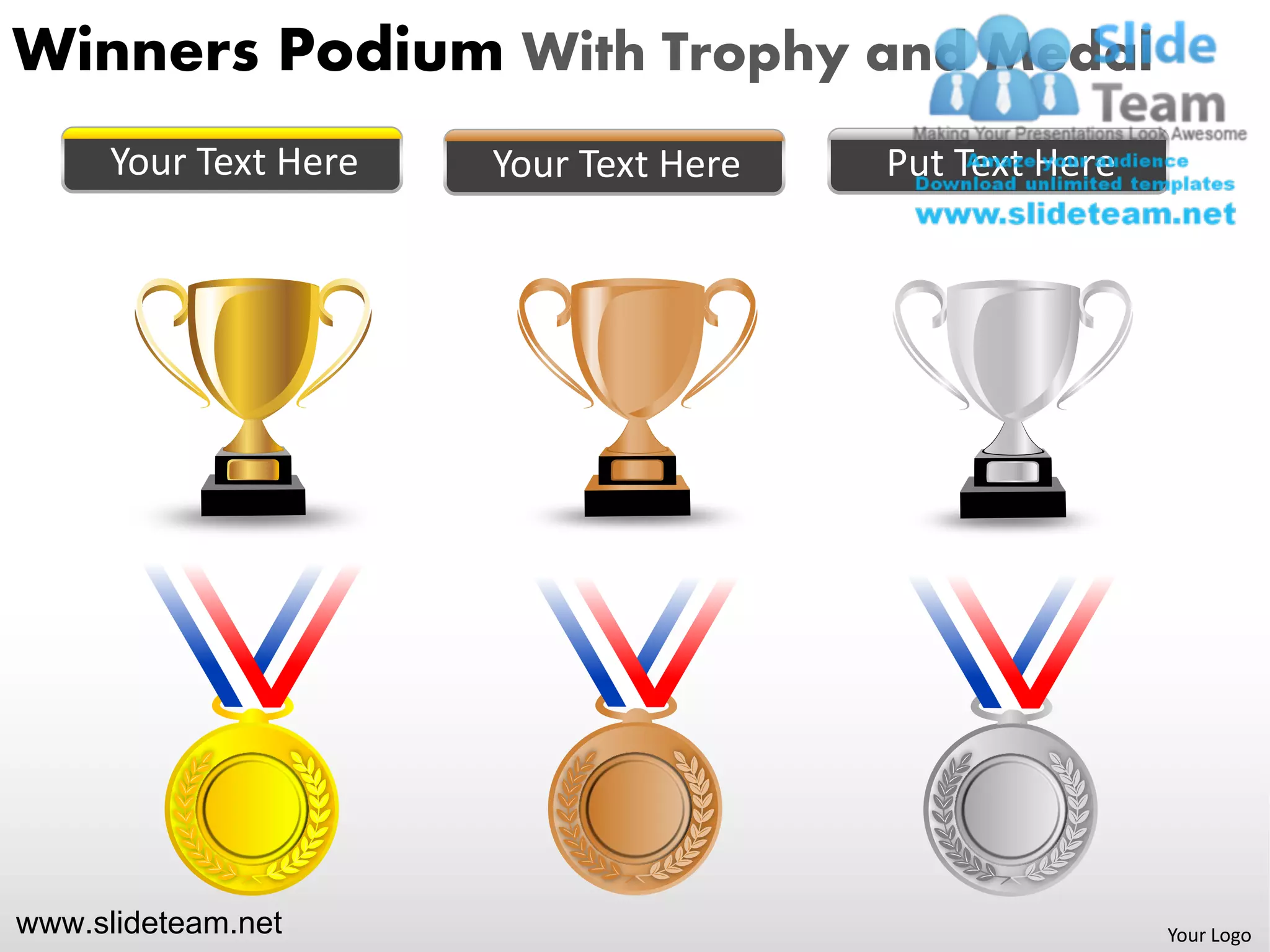 Winners podium with trophy and medal powerpoint ppt templates. | PPT