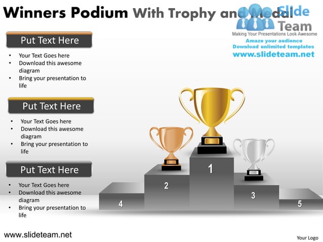Winners podium with trophy and medal powerpoint ppt templates. | PPT