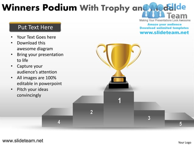 Winners podium with trophy and medal powerpoint presentation slides. | PPT