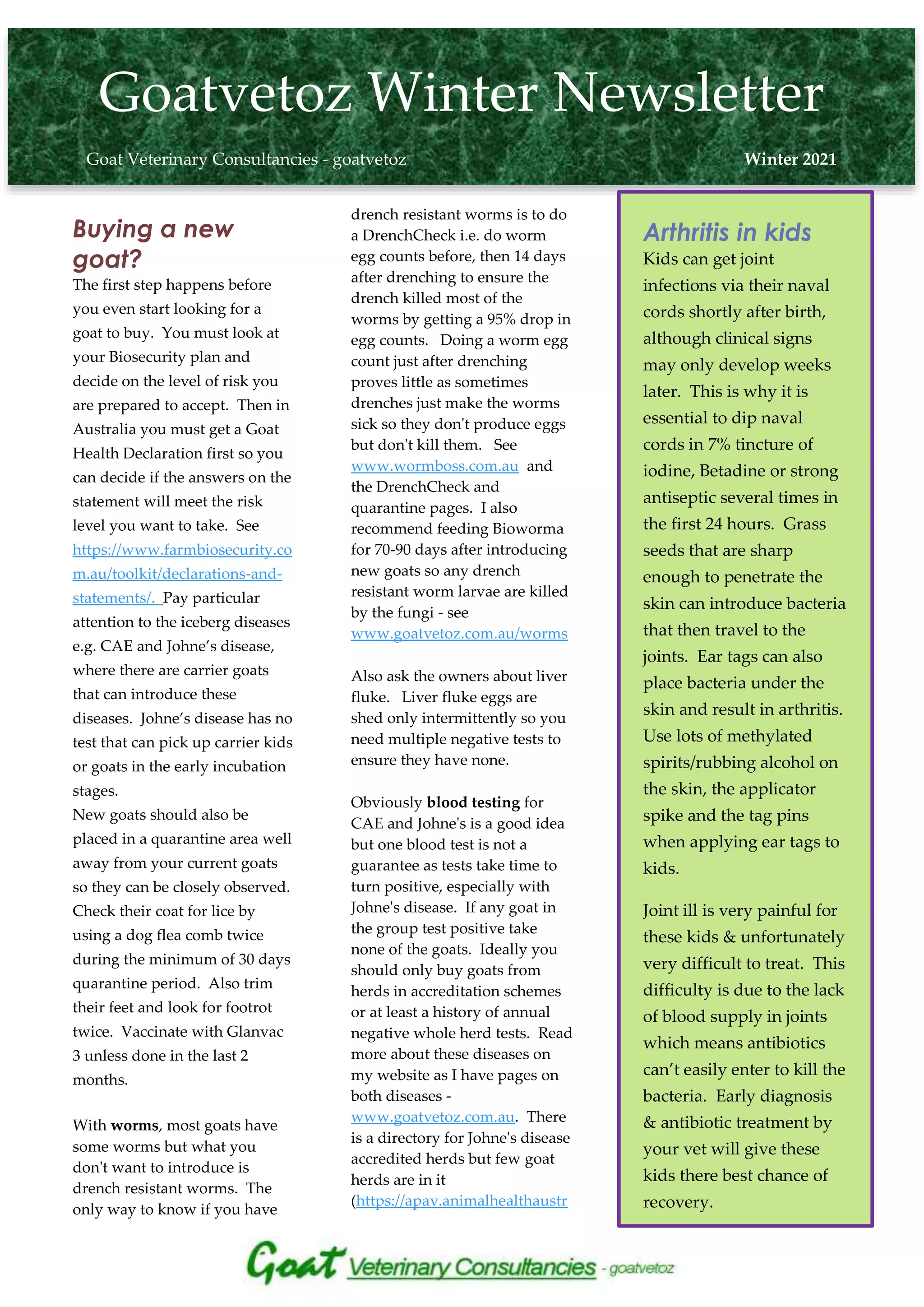 Winter 2021 Goat Veterinary Consultancies - goatvetoz newsletter | PDF