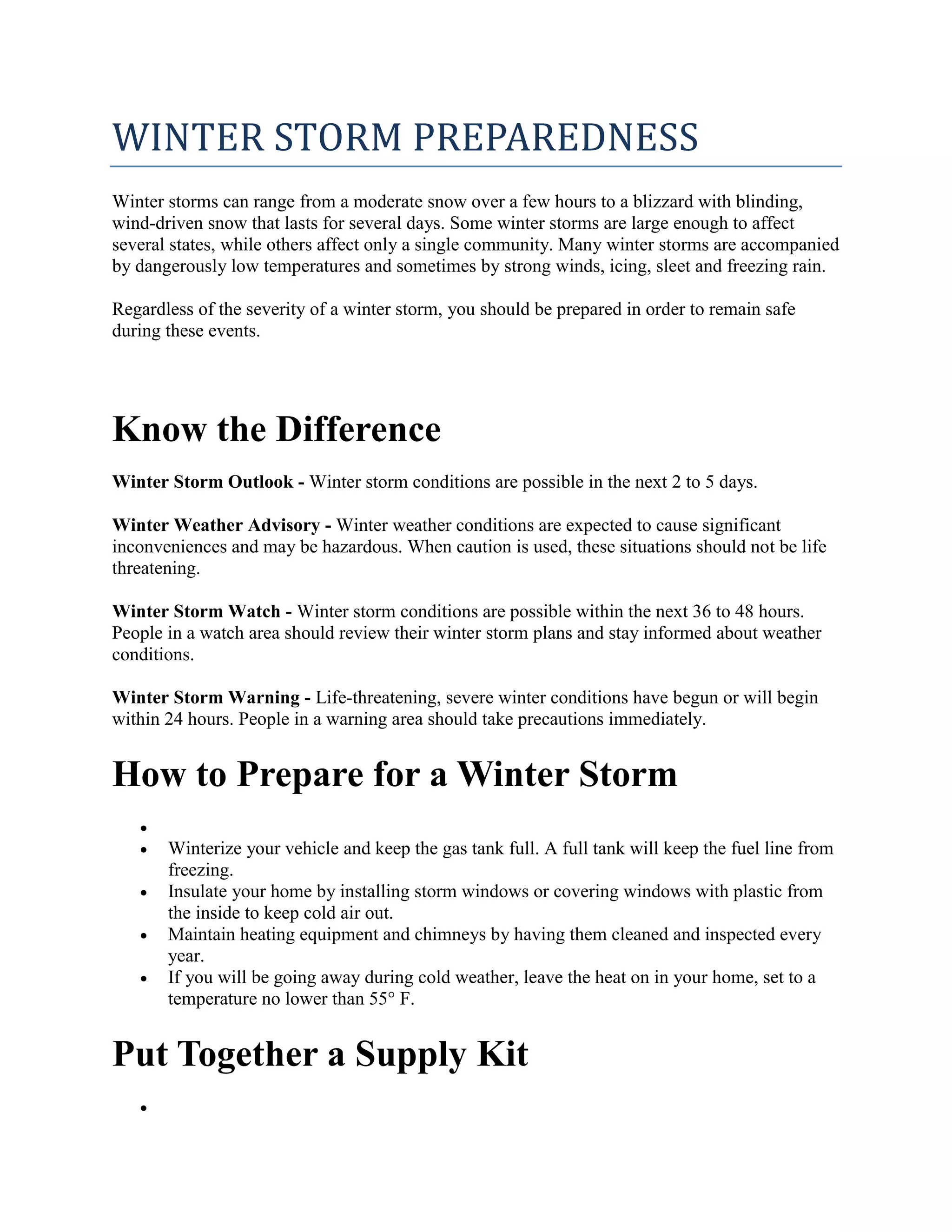 Winter storm preparedness | DOCX