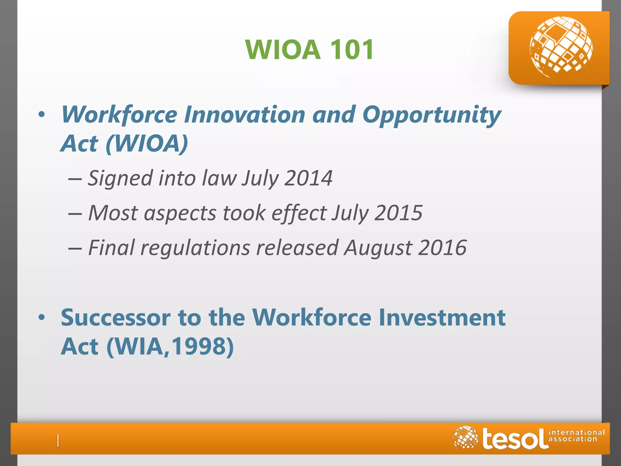 WIOA 101: A Brief Overview of Opportunities for Adult ESL | PDF