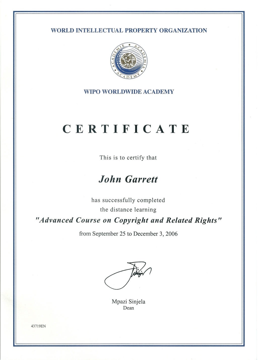 WIPO Certificate - Advanced Course on Copyright and Related Rights