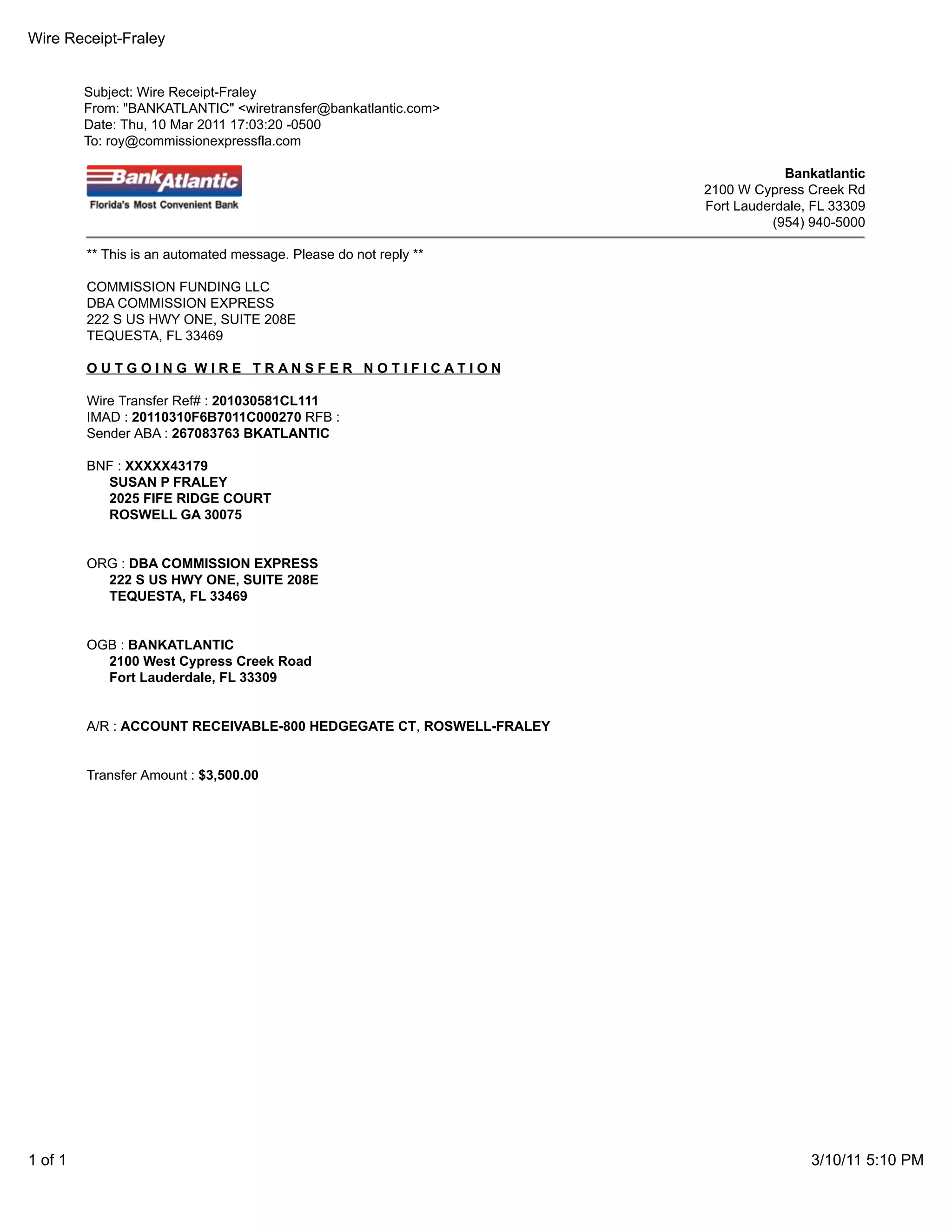 Wire Receipt-Fraley | PDF