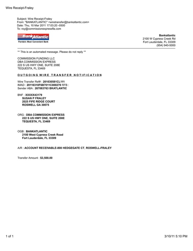 Wire Receipt Fraley $3,500 | PDF