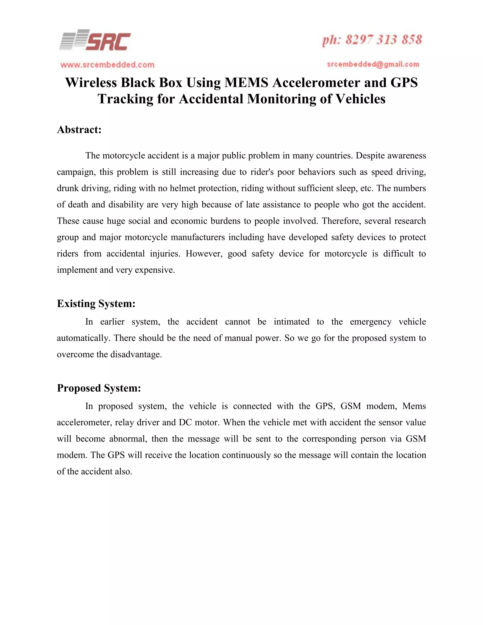 Wireless black box using mems accelerometer and gps tracking for accidental monitoring of ...
