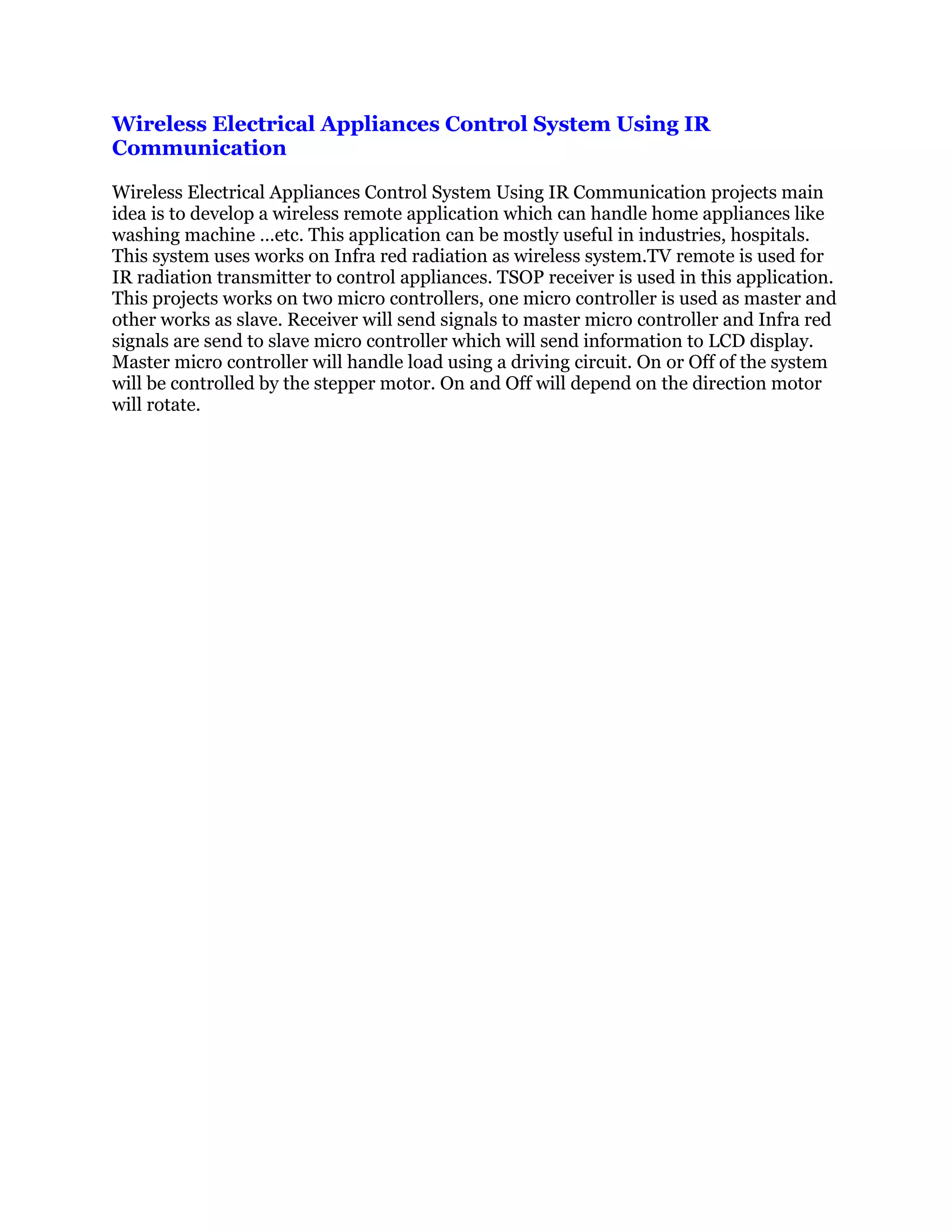 Wireless electrical appliances control system using ir communication | DOCX