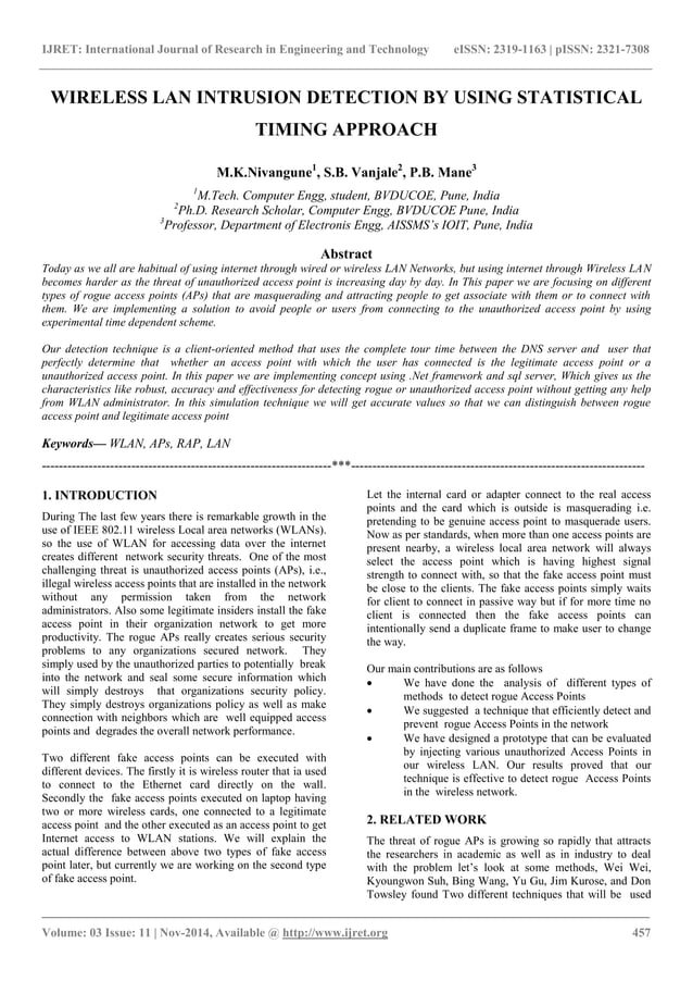 Wireless Lan Intrusion Detection By Using Statistical Timing Approach Pdf