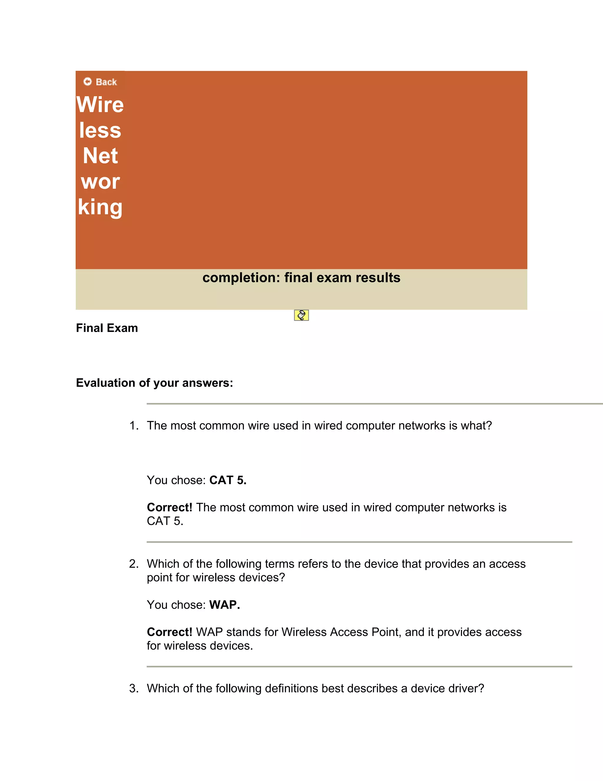 Wireless Networking Final Exam Results | PDF