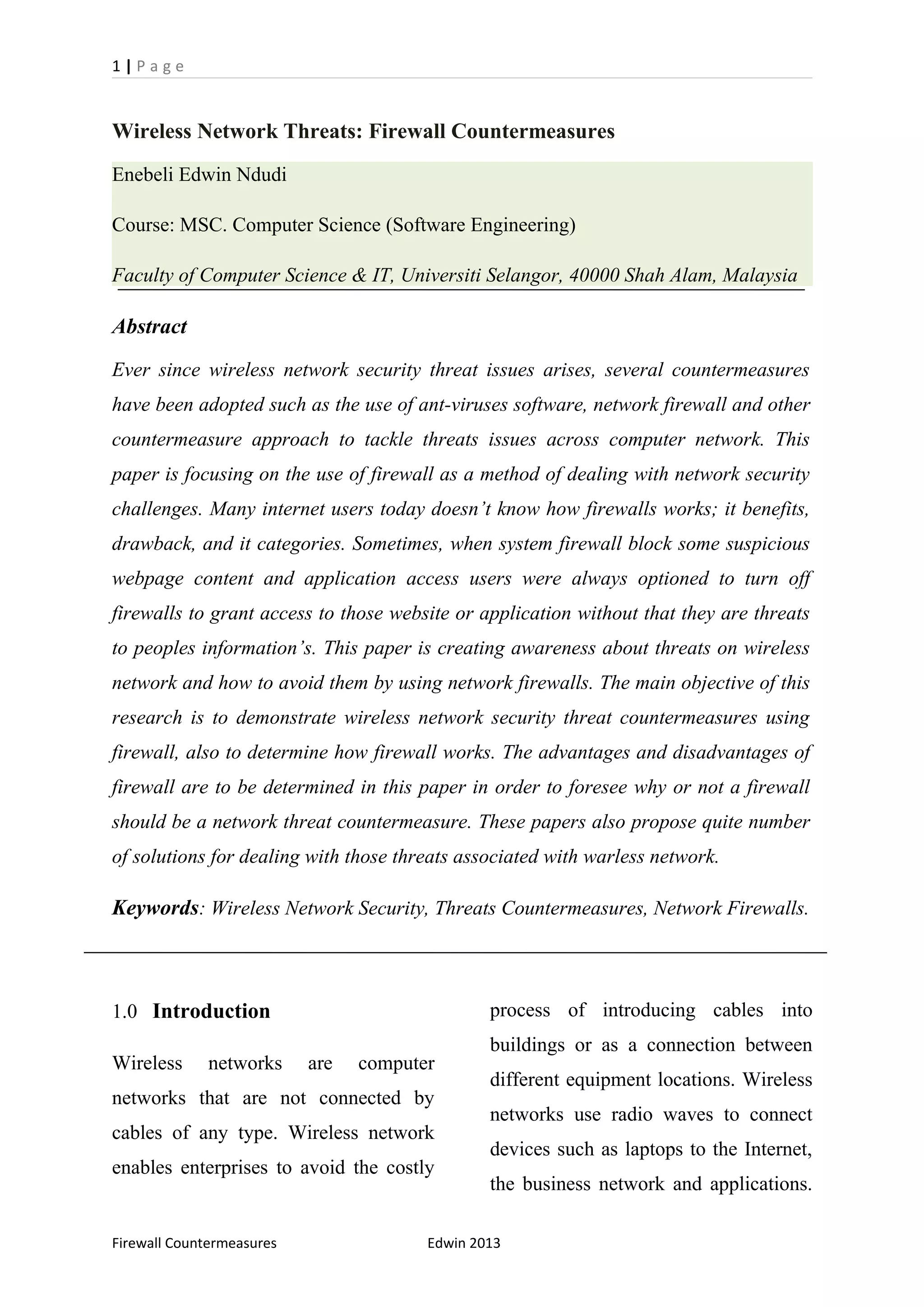 Wireless network security threats countermeasure | DOC