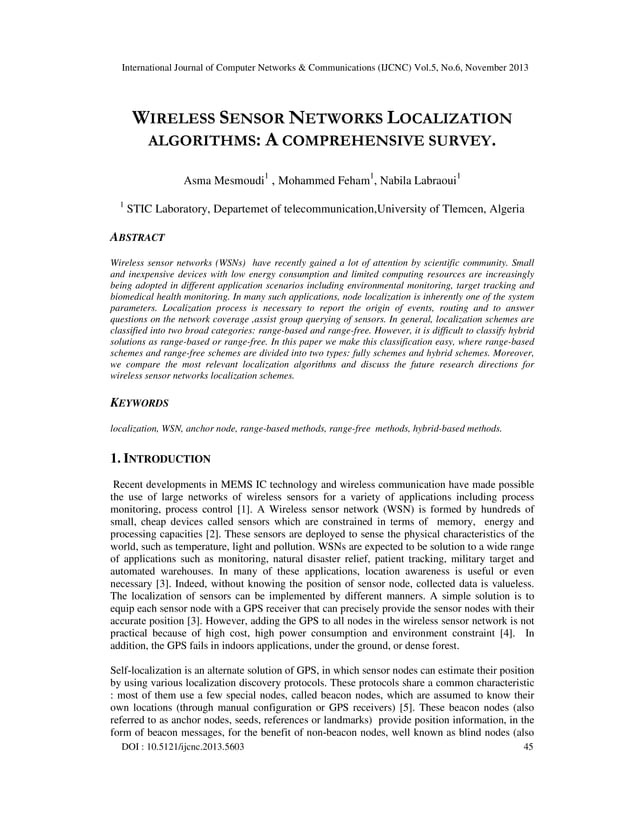 Wireless Sensor Networks Localization Algorithms A Comprehensive Survey Pdf
