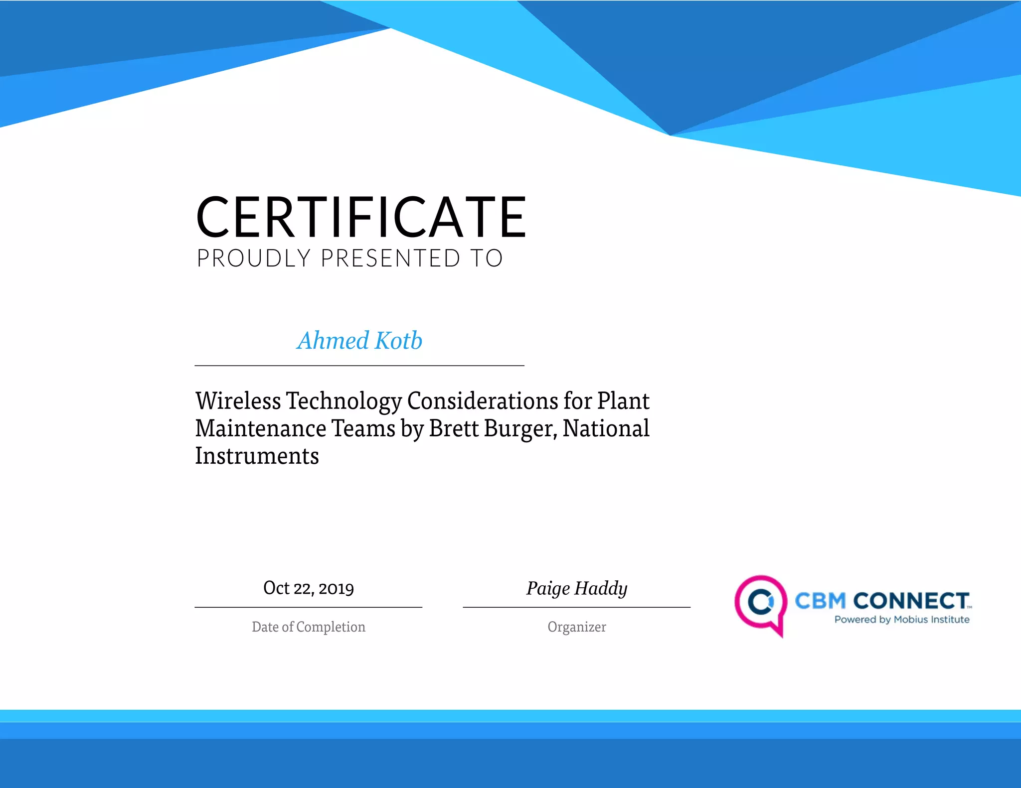 Certificate of Completion: "Wireless Technology Considerations for Plant Maintenance" Course ...