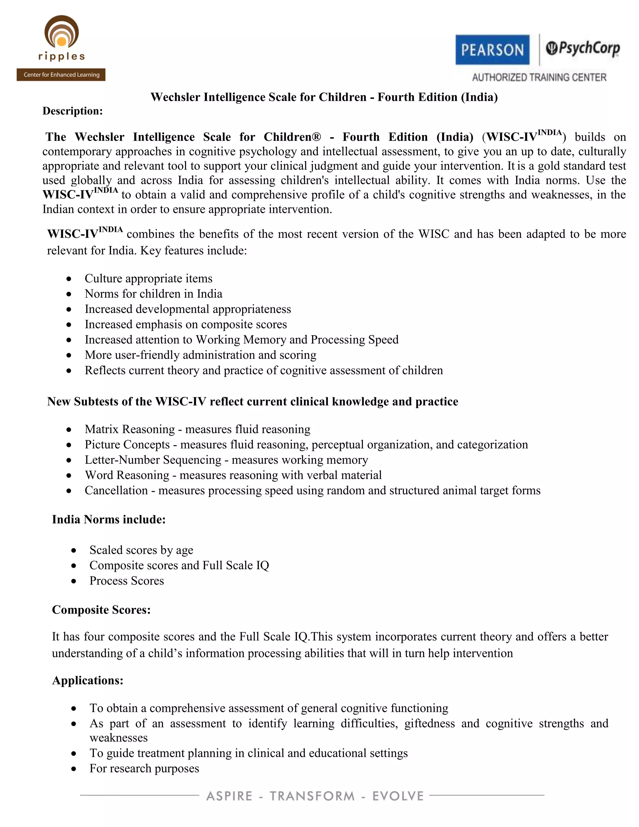 Wechsler Intelligence Scale for Children - IV (India) on 22nd September ...