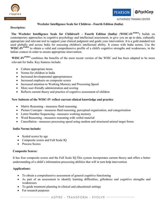 Wechsler Intelligence Scale for Children - IV (India) on 22nd September ...