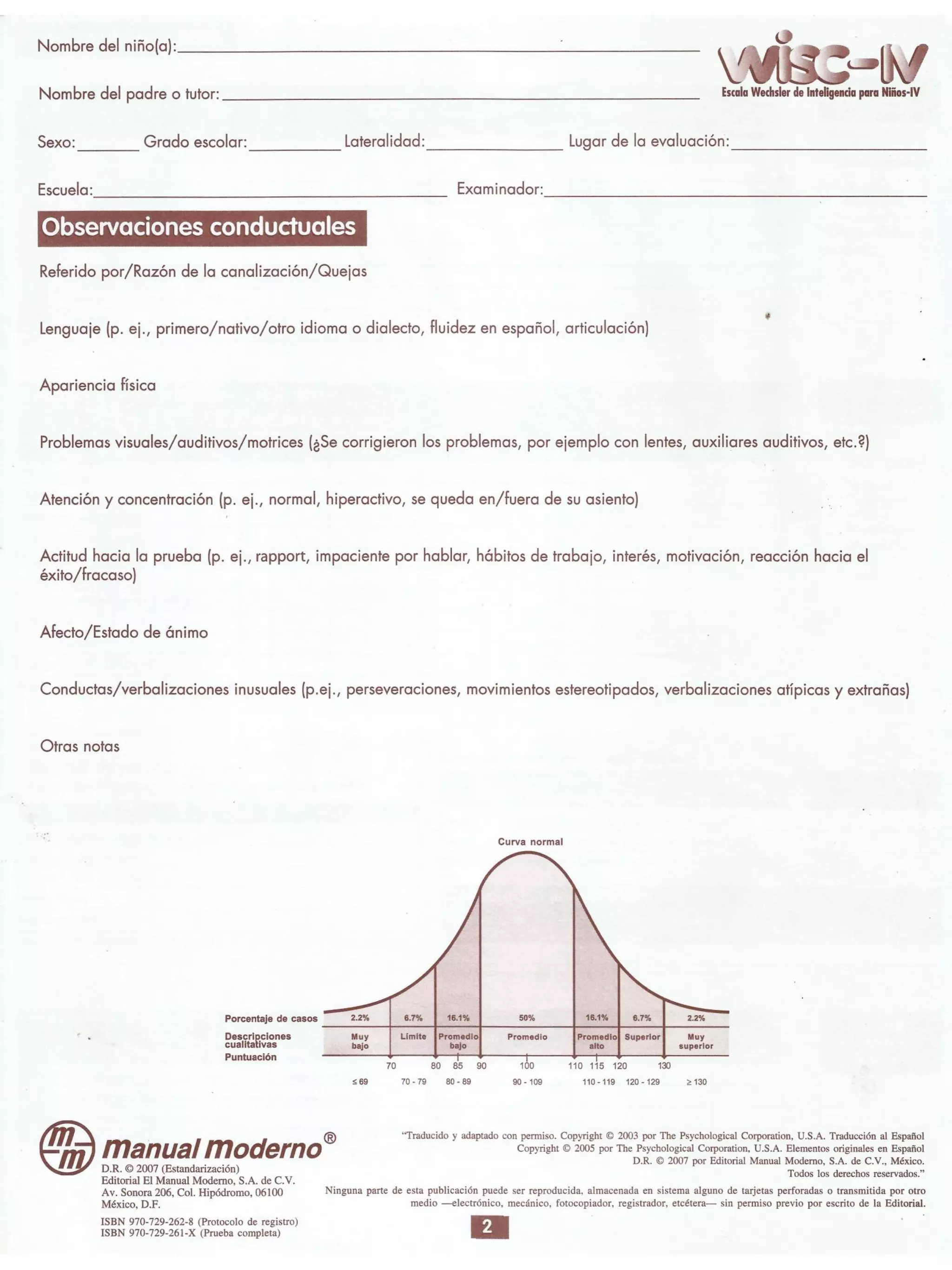 Protocolo de Registro y Anotación del WISC IV incluyendo BUSQUEDA DE SIMBOLOS Y CLAVES | PDF