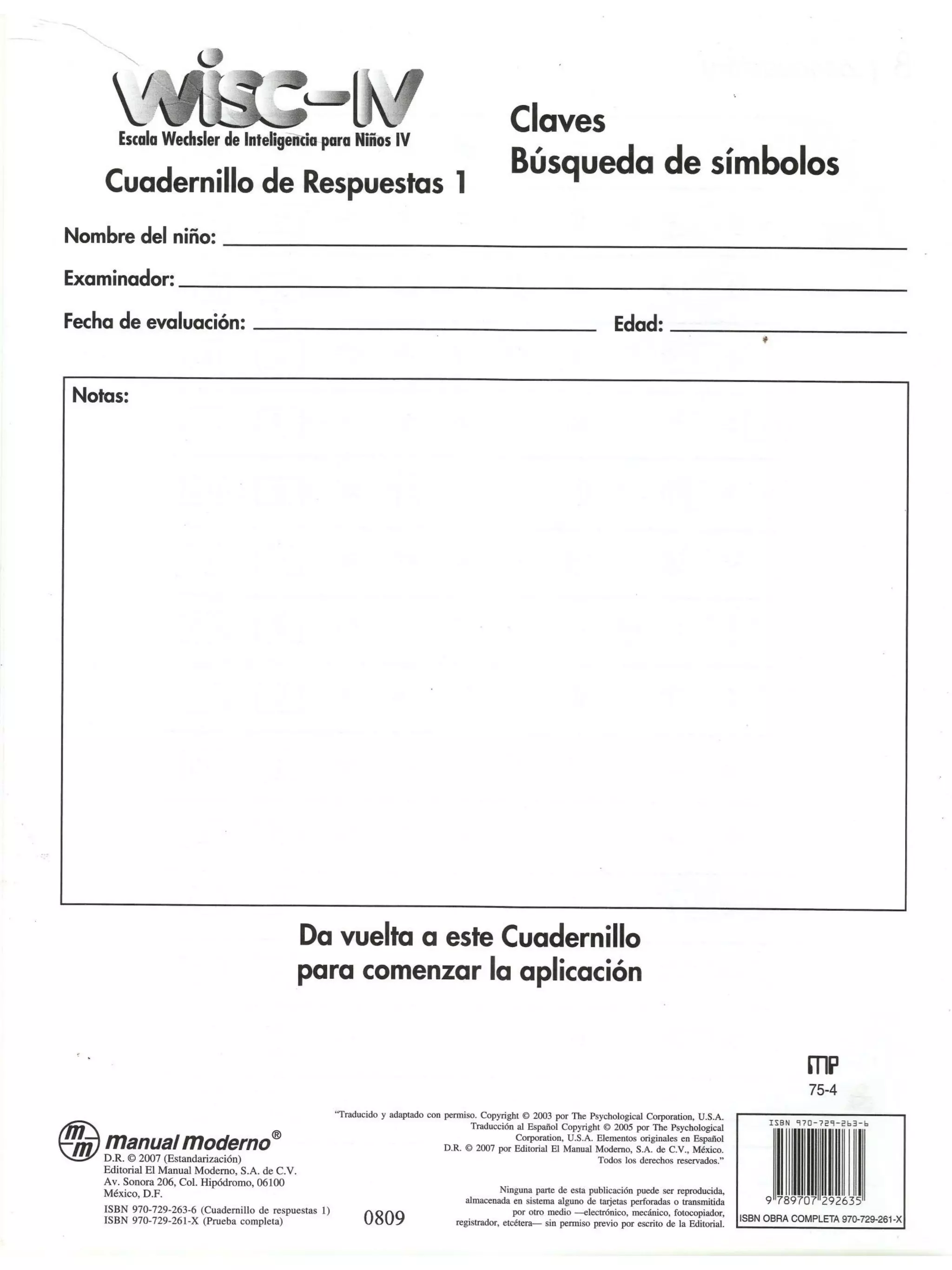 Protocolo de Registro y Anotación del WISC IV incluyendo BUSQUEDA DE ...