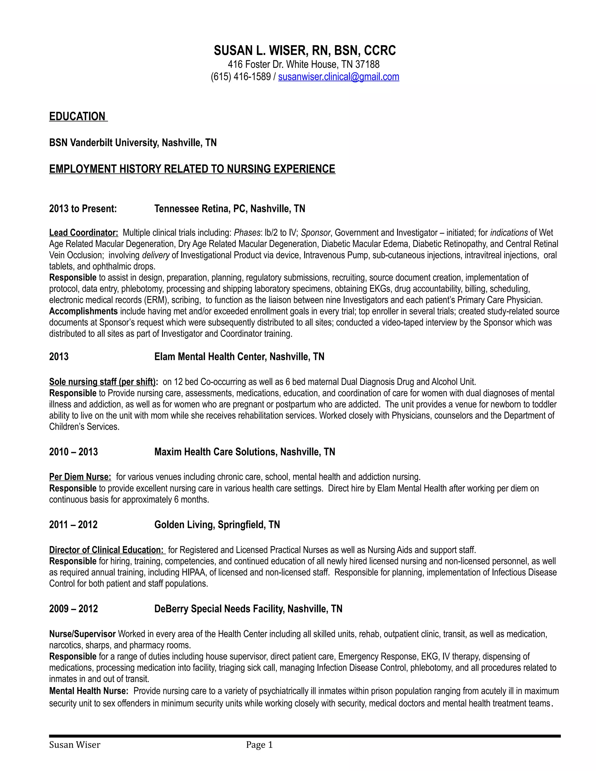 Susan Wiser CV FEB 2016 | RTF