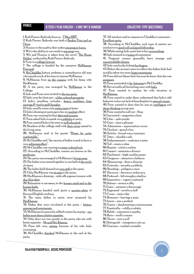 WIT AND HUMOUR OBJECTIVE TYPE QUESTIONS WITH ANSWERS ( BITS ) B.TECH ...