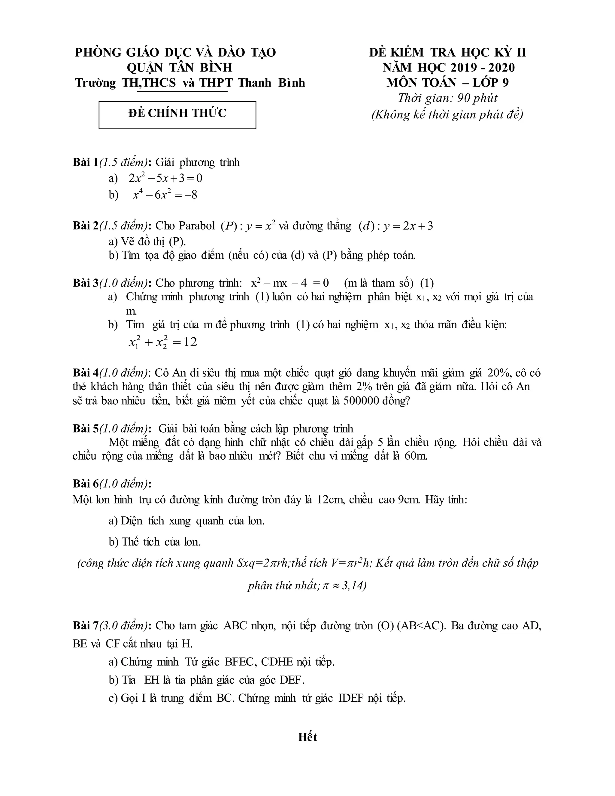 Đề Thi HK2 Toán 9 - TH THCS THPT Thanh Bình | PDF