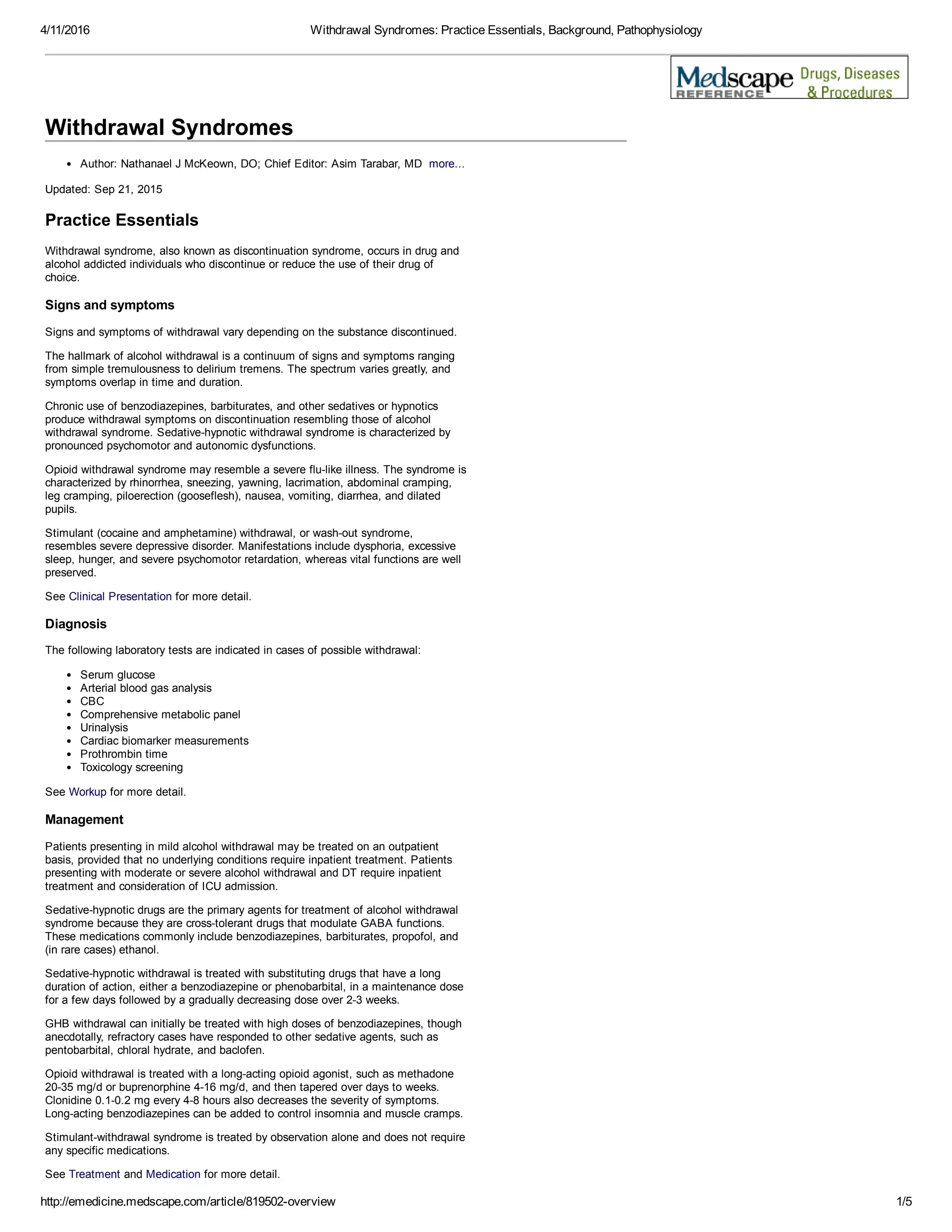 Withdrawal syndromes practice essentials, background, pathophysiology | PDF