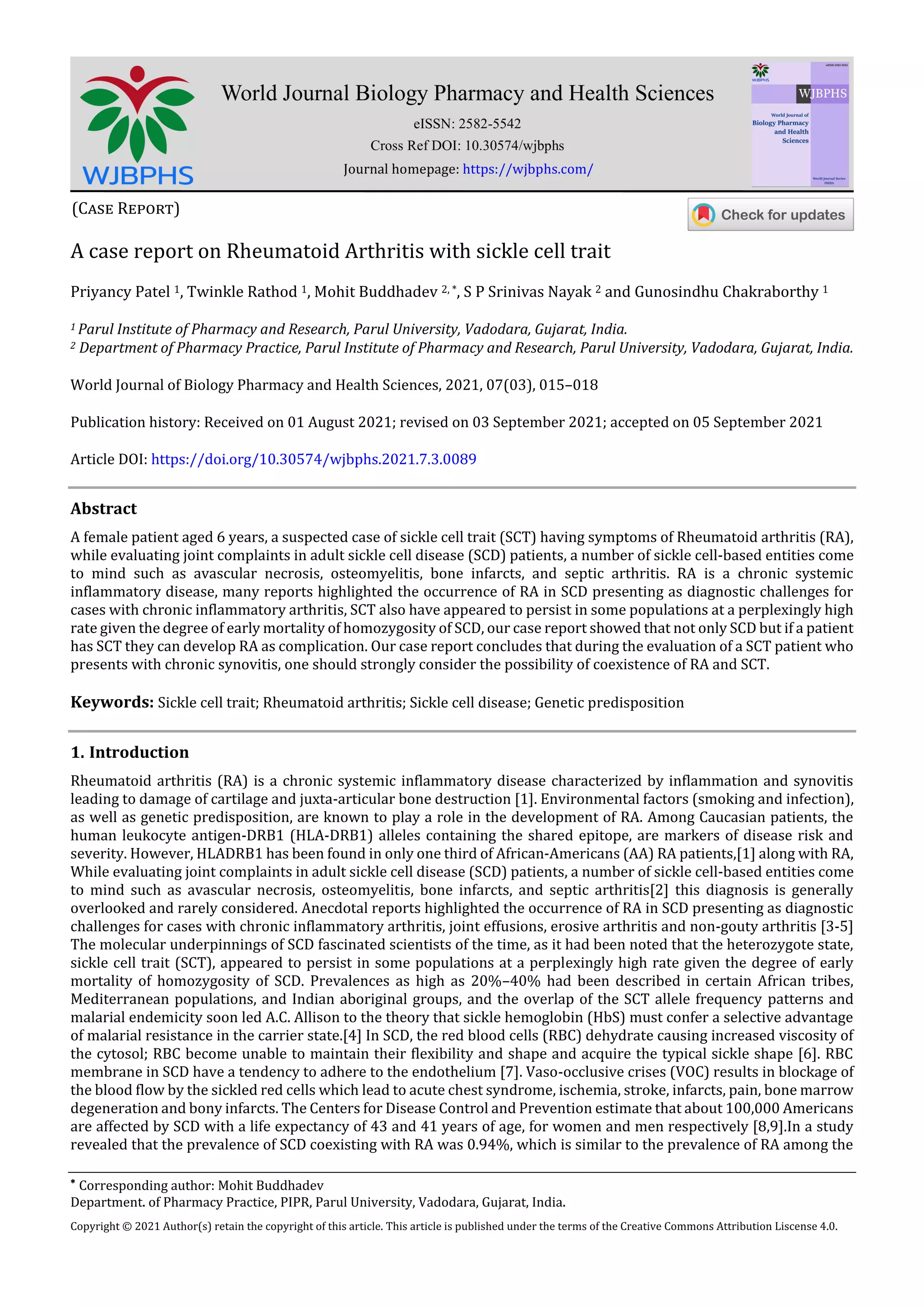 A case report on Rheumatoid Arthritis with sickle cell trait | PDF