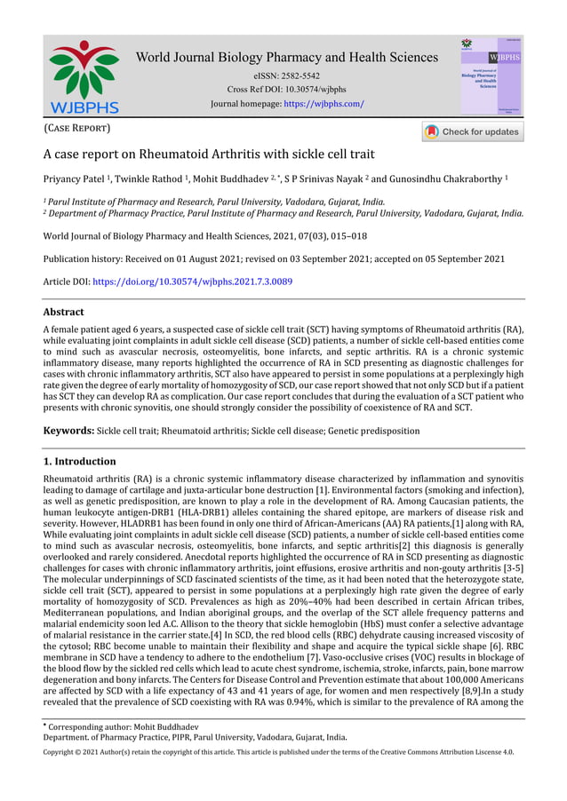 A case report on Rheumatoid Arthritis with sickle cell trait | PDF