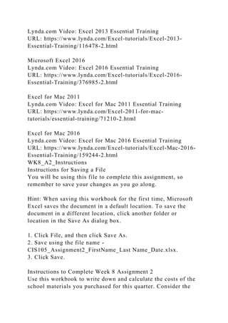 WK8_A2 OverviewAssignment 2 Excelling with ExcelDue Week 8 an.docx