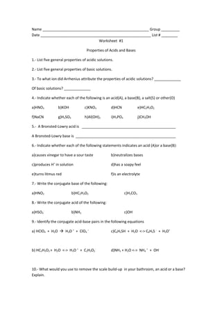 Wks #1 properties of acids and bases | DOC