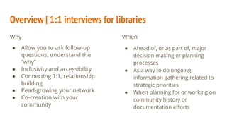 1:1 Community Interview Examples & Tips for Libraries | PDF
