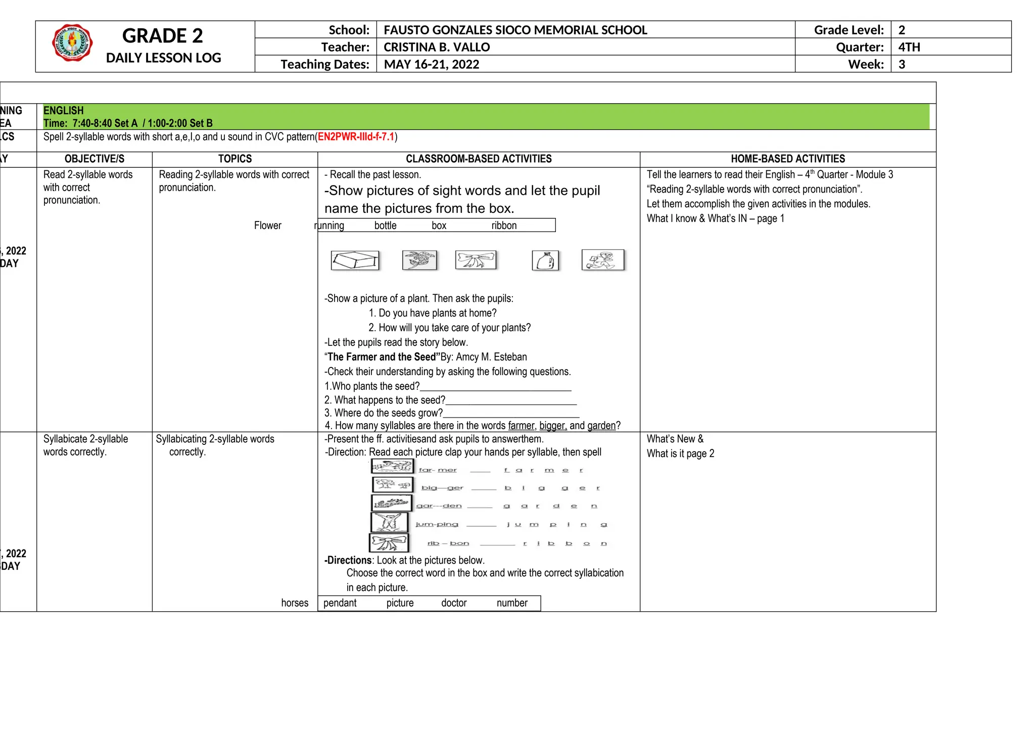 Weekly learning plan in grade 2 in all subjects | DOC