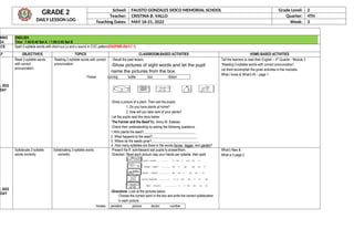 Weekly learning plan in grade 2 in all subjects | DOC