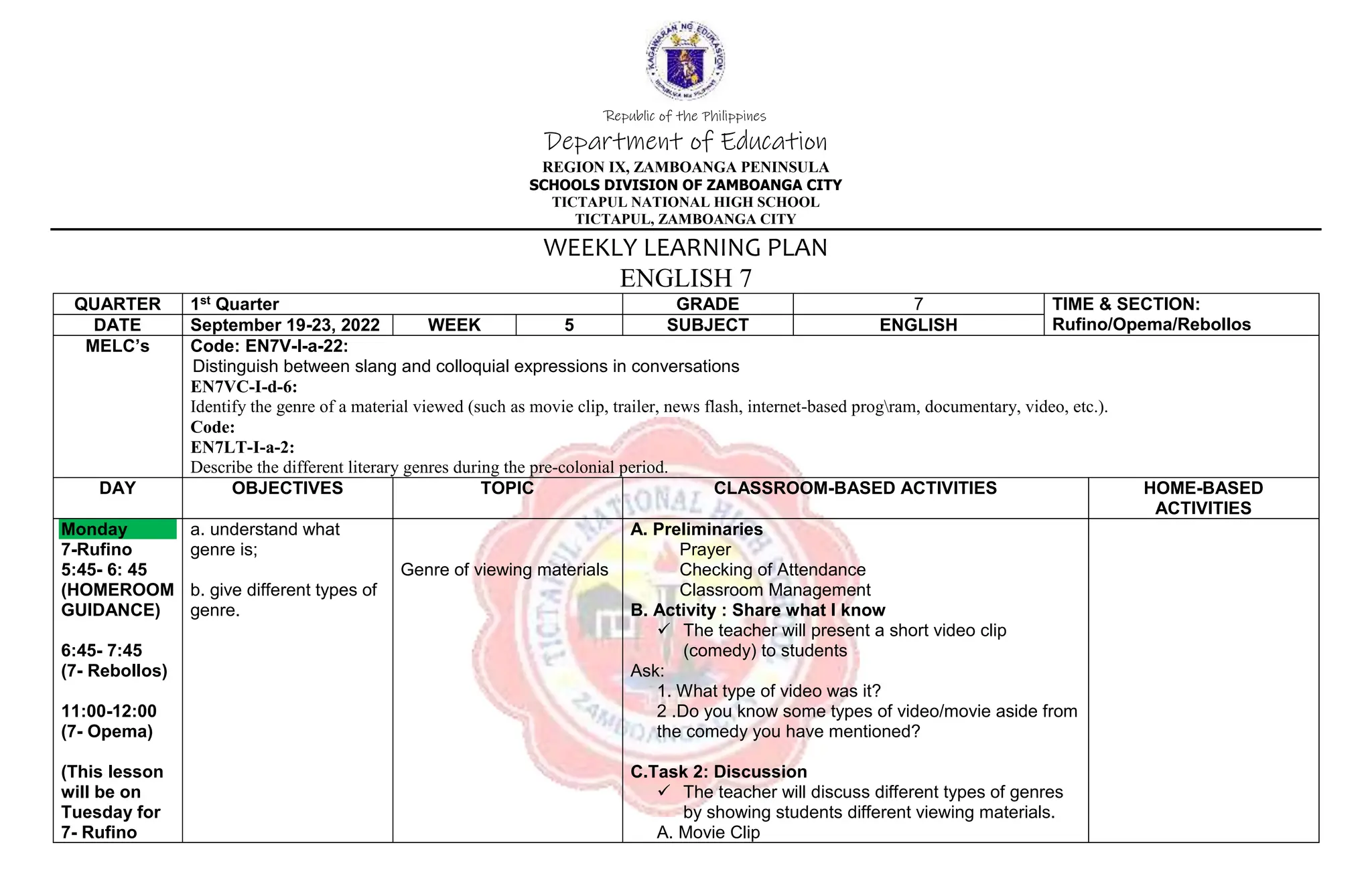 Weekly Learning Plan Sample for Junior High School | DOCX