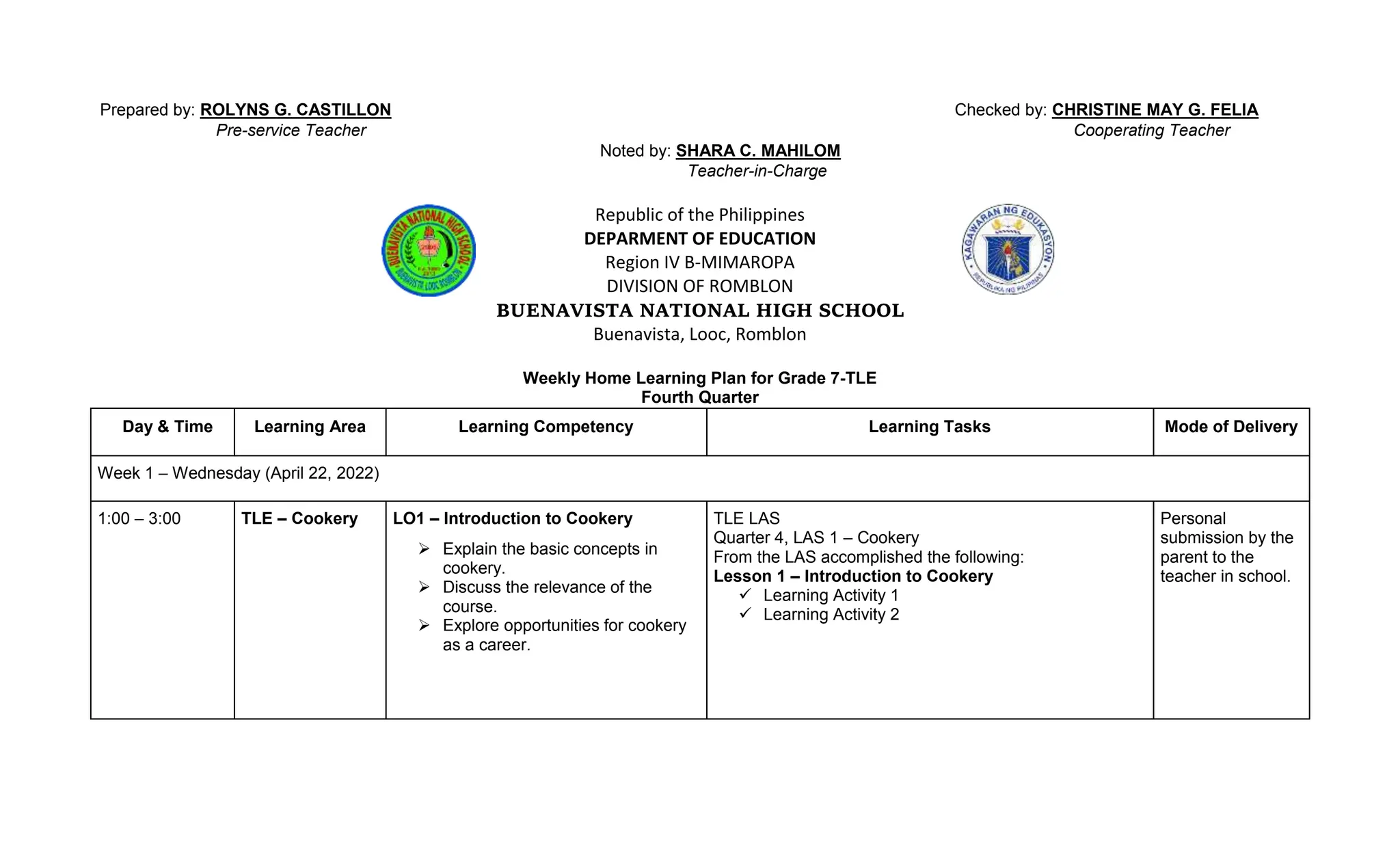 weekly learning plan for grade 7 and 9.docs
