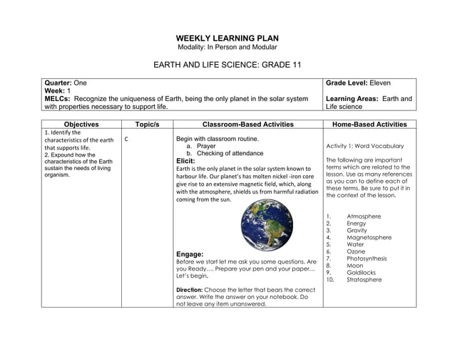 WLP Q1 W1 Earth & Life Sci Mam Dizon.pdf | Geology | Science