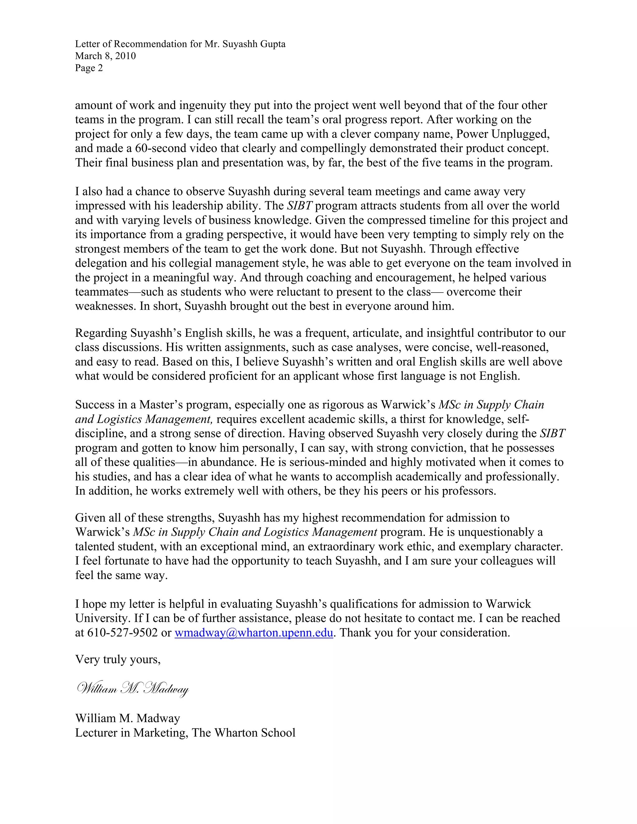 Letter Of Recommendation - Wharton School Of Business | PDF
