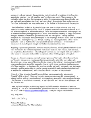 Letter Of Recommendation - Wharton School Of Business | PDF