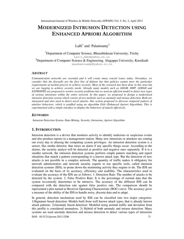 Wmn06MODERNIZED INTRUSION DETECTION USING ENHANCED APRIORI ALGORITHM | PDF